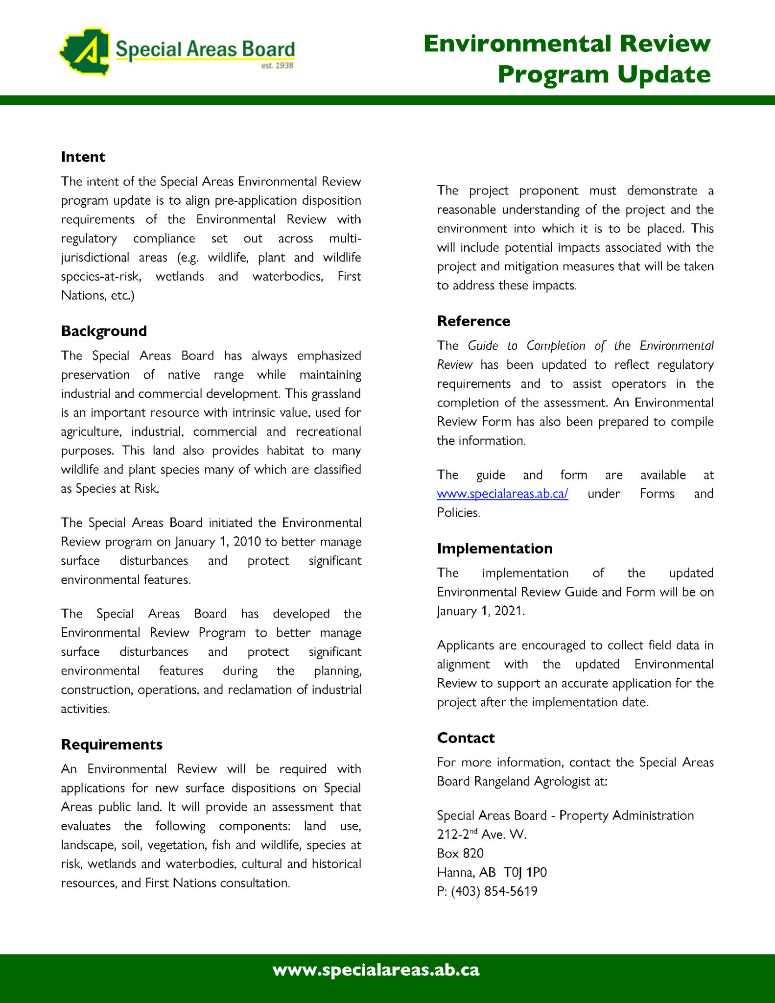 Updated Environmental Review Form Now Available - Special Areas Board